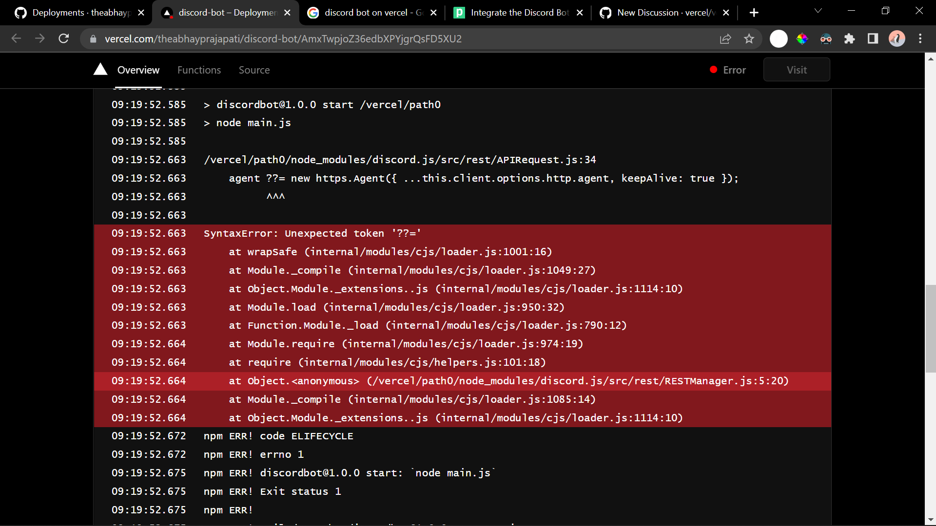 Unable To Deploy Discord Bot On Vercel · Vercel Vercel · Discussion 7767 · Github