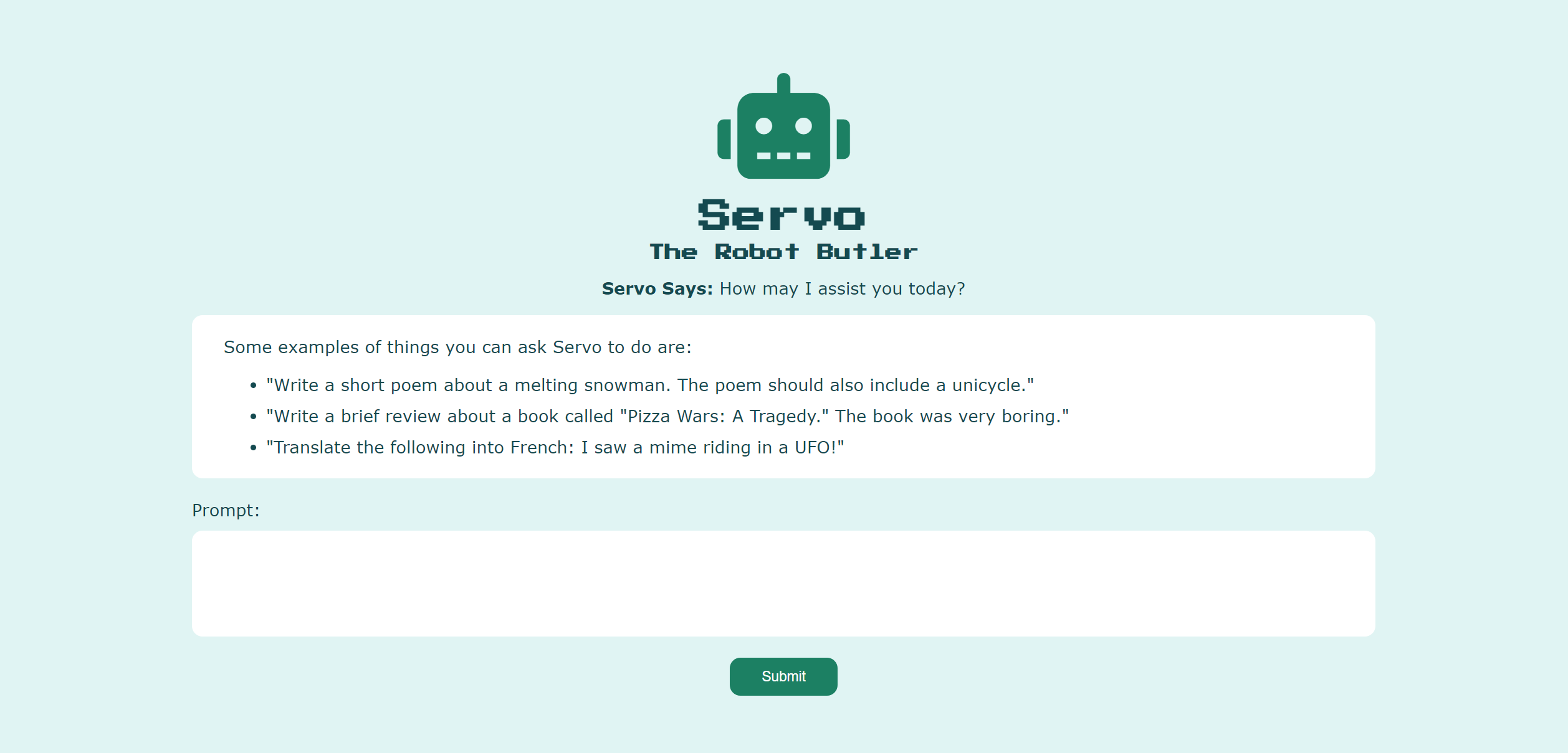 GitHub - davidalliger/servo: Servo the Robot Butler provides text ...