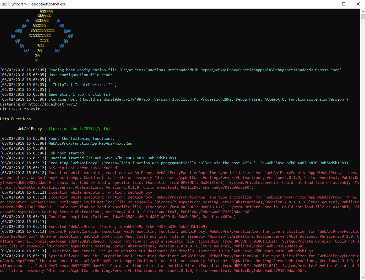 Function App v2 referencing .NET Standard Lib (with ASP.NET Core packages): System.Private ...