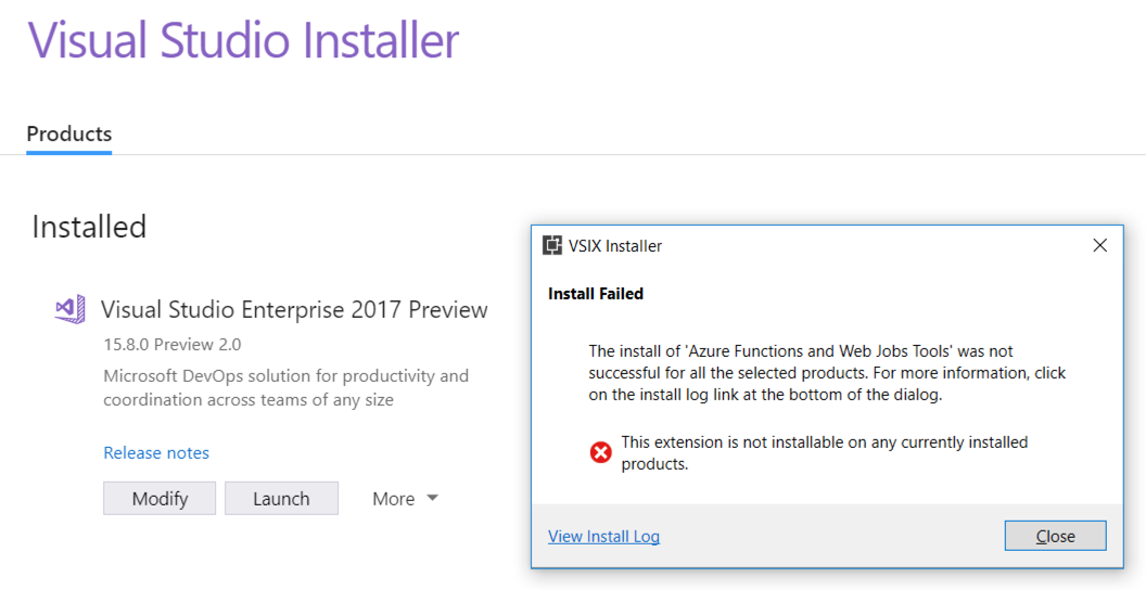 Unable to install version 15.0.40617.0 of 'Azure Functions and Web Jobs ...