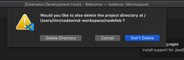 Change option from cancel to no for delete directory request when removing a project in VS Code ...
