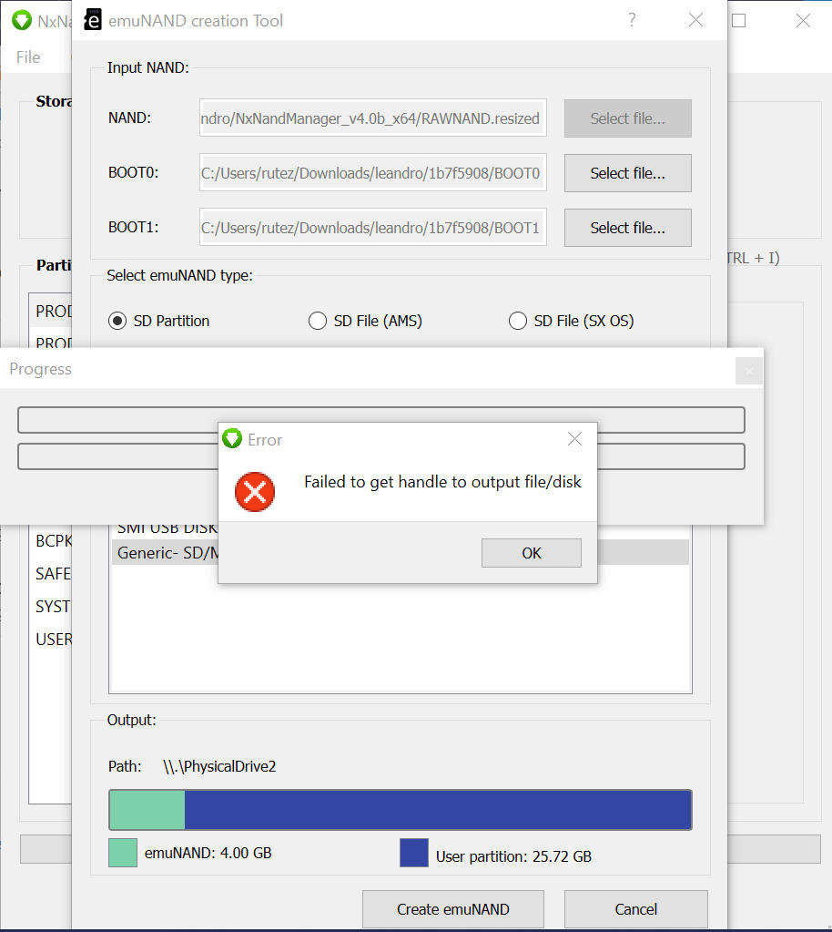 "ERROR: Failed to get handle to output file/disk" after trying to create an emuNAND SD Partition ...