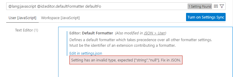 removing `editor.defaultFormatter` with "Settings" shows red error popup · Issue #172552 ...