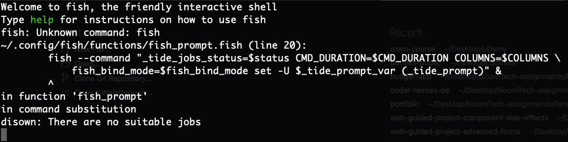 "in function 'fish_prompt' in command substitution disown: THERE ARE NO ...