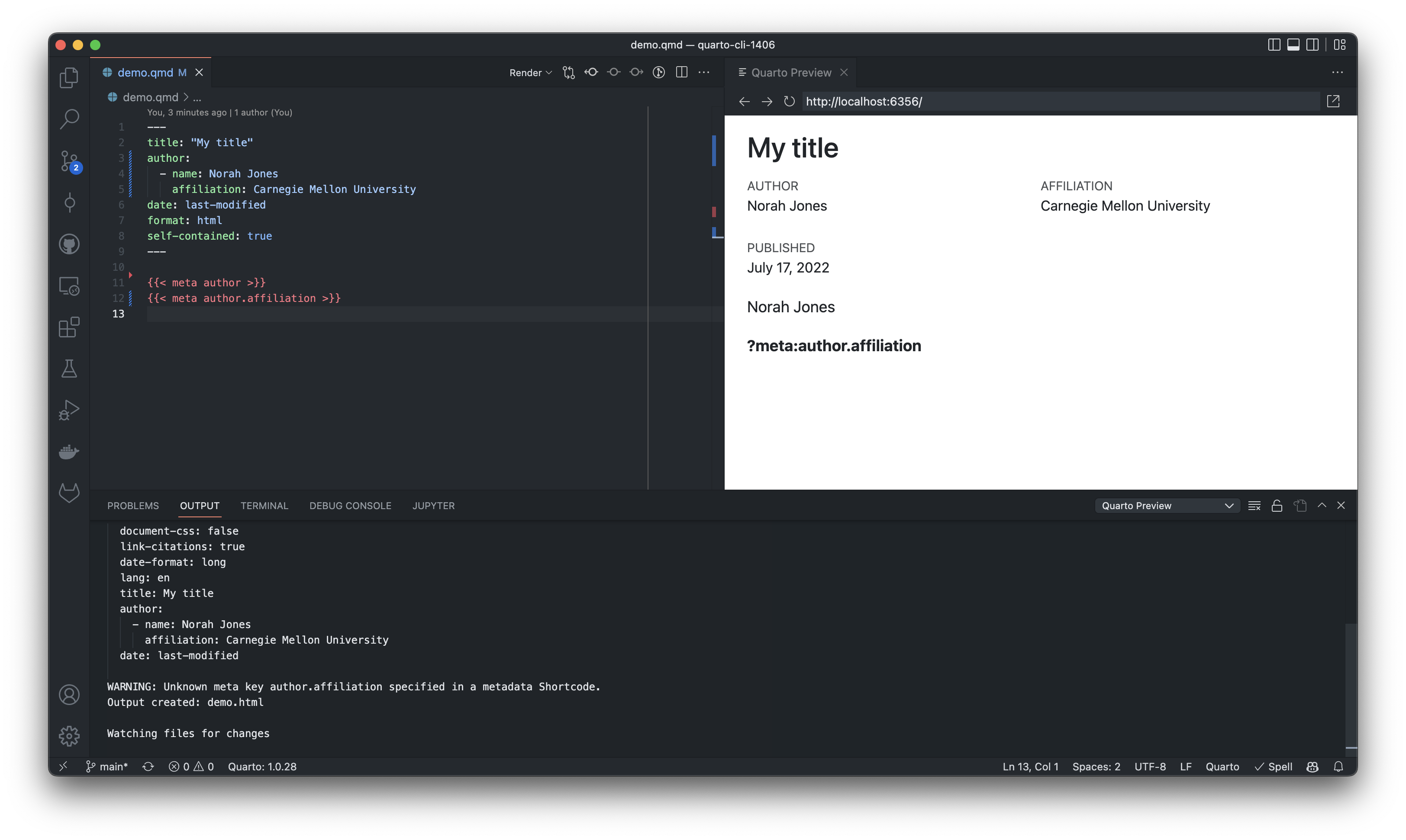 Can't retrieve author name using meta shortcode `{{ }}` · Issue #1406 · quarto-dev/quarto-cli ...