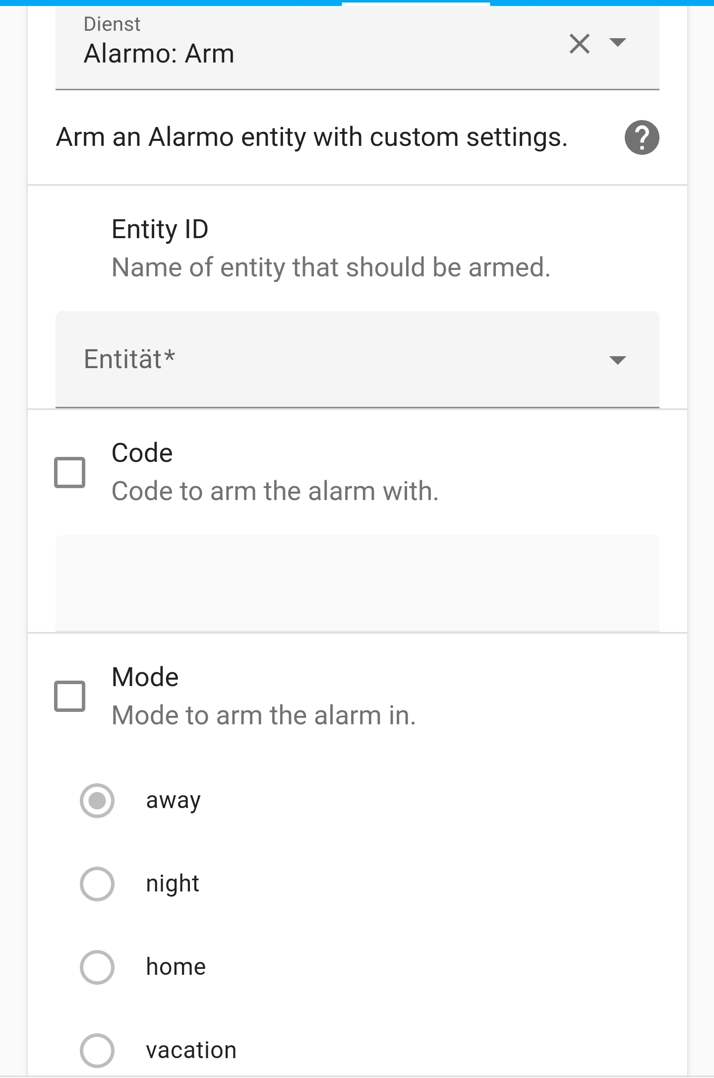 Mode "vacation" not UI selectable in service "Alarmo: Arm" · Issue #451 · nielsfaber/alarmo · GitHub