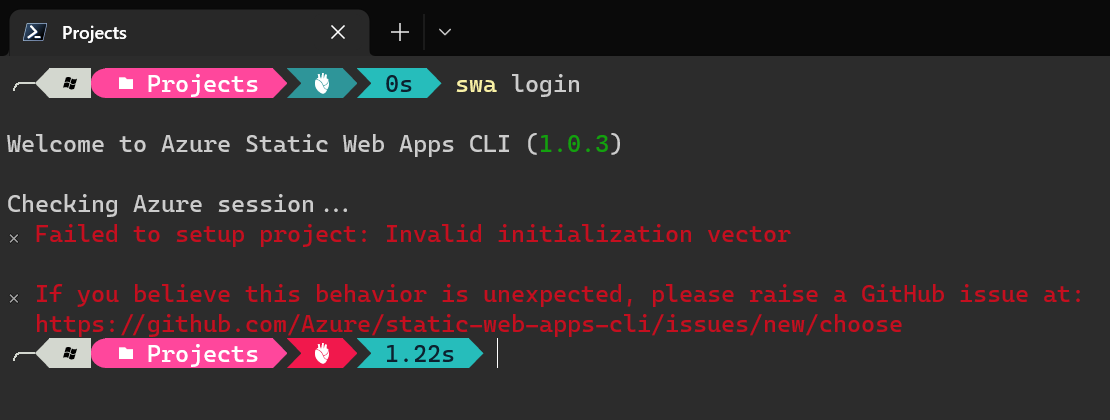 Failed to setup project: Invalid initialization vector · Issue #592 · Azure/static-web-apps-cli ...