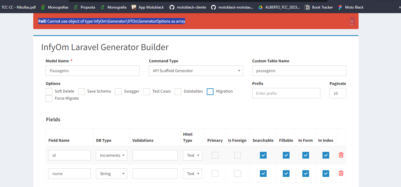 Cannot Use Object Of Type Infyom Generator Dtos Generatoroptions As Array · Issue 67
