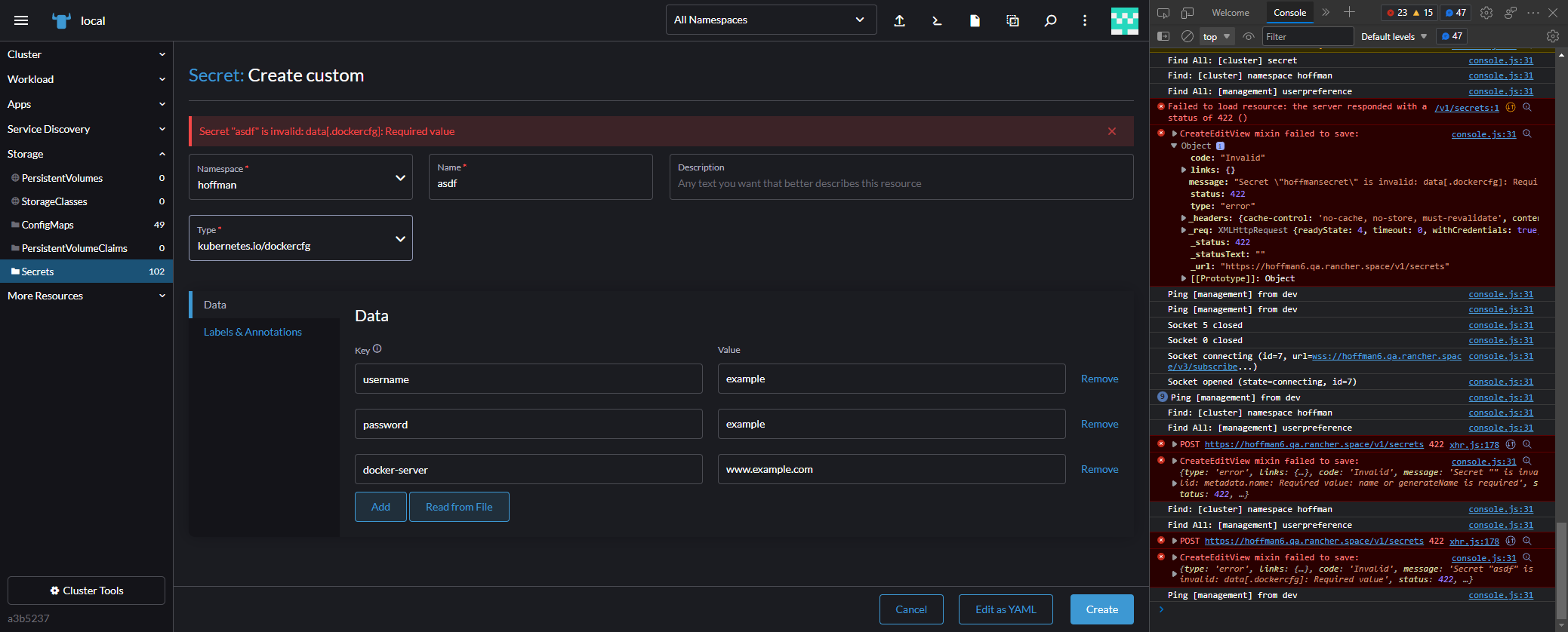 Rancher>Storage>Secrets - the ability to create a custom secret type `dockercfg` is offered to ...