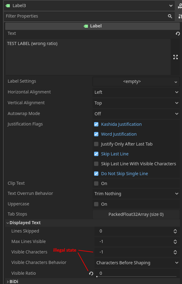 Label Node Inspector: Resetting Visible Characters control sets wrong default on Visible Ratio ...