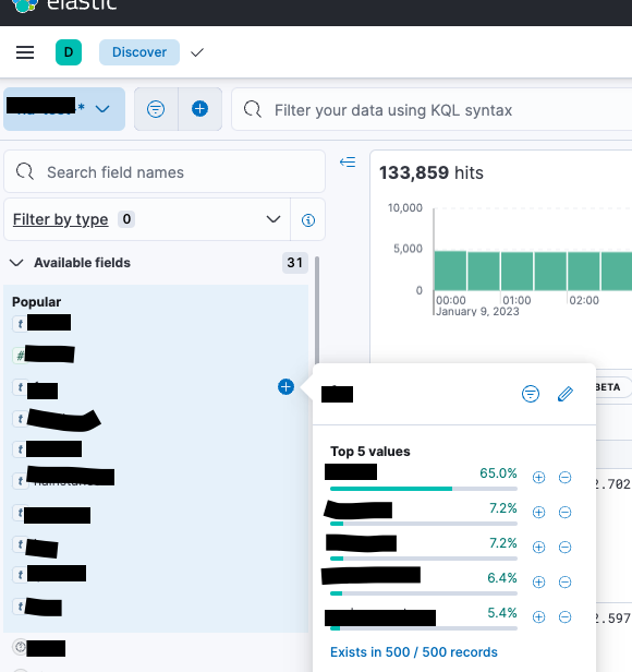 Filter exists on Discover, however there is not any filter details "No field data for the ...