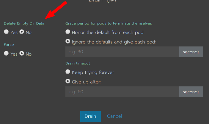 [Rancher2] Docs don't outline the implications of the `Delete Empty Dir Data` Drain option ...