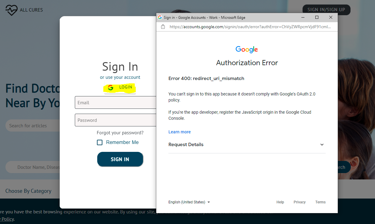 Error displayed when click on Google Login link on Sign In page · Issue ...