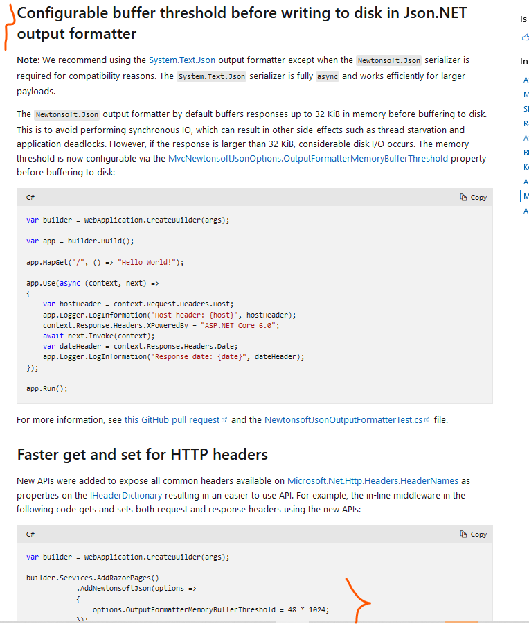 MvcNewtonsoftJsonOptions.OutputFormatterMemoryBufferThreshold sample code is under wrong heading ...