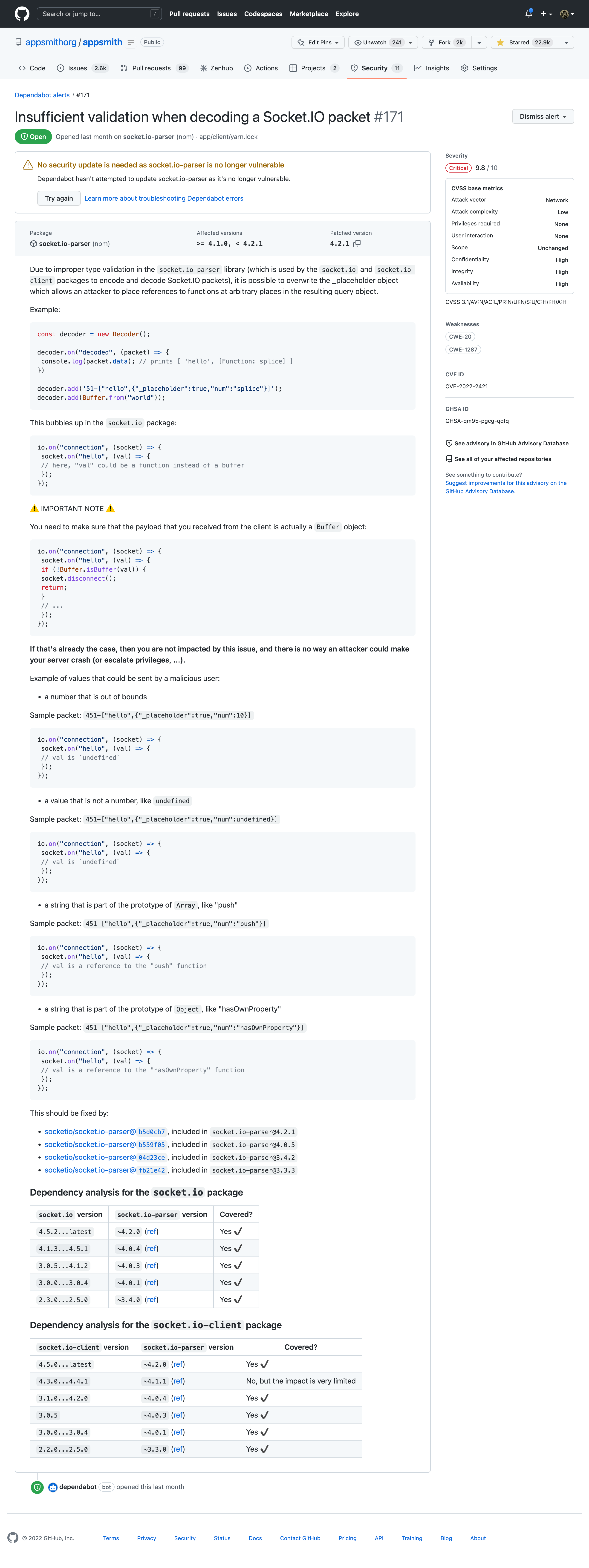 [task] Npm Dependabot Alerts · Issue 18490 · Appsmithorg Appsmith · Github