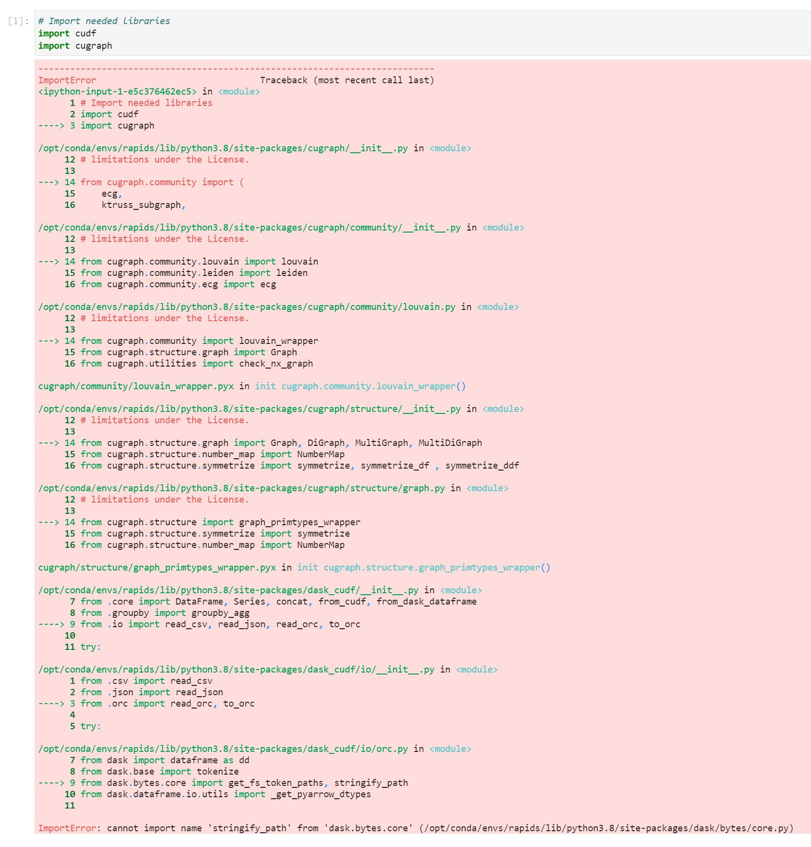 [BUG] Rapids Docker container 0.18 refresh causes 'import cugraph' to return: cannot import name ...