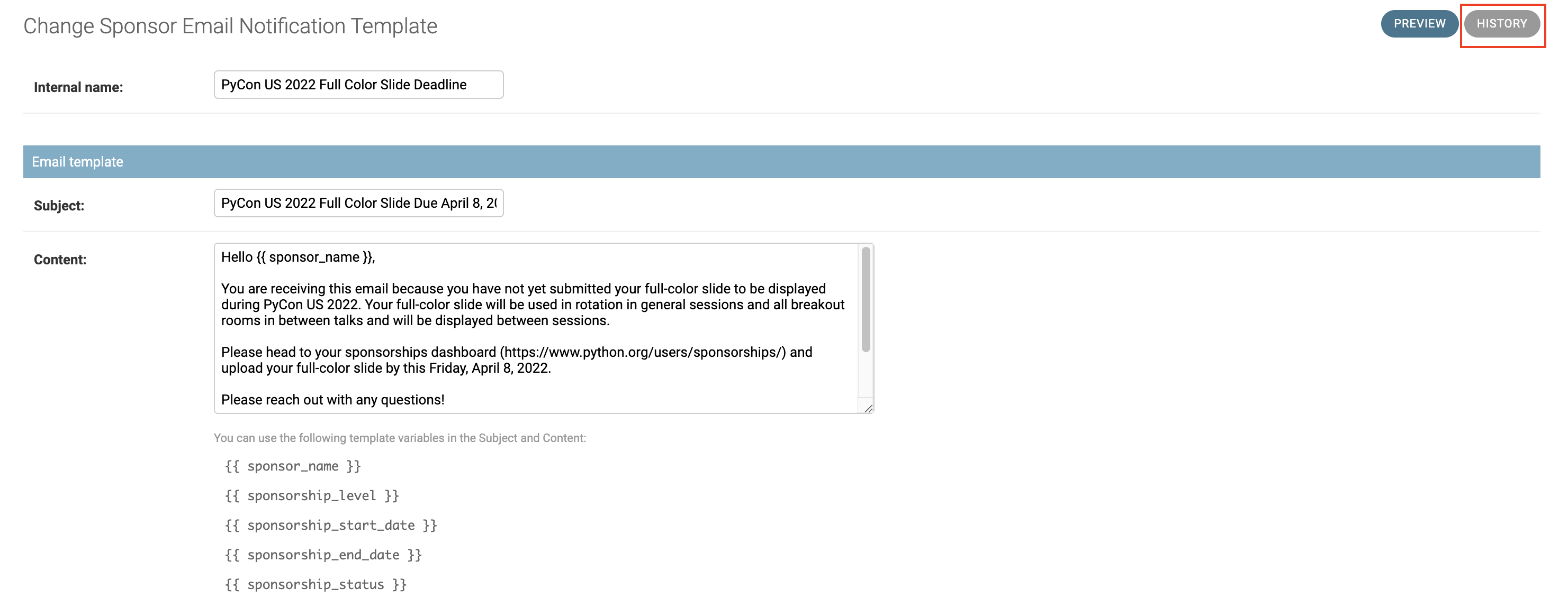 Sponsorship Admin Page Send Notifications Emails Add Viewable Full History Of Notifications