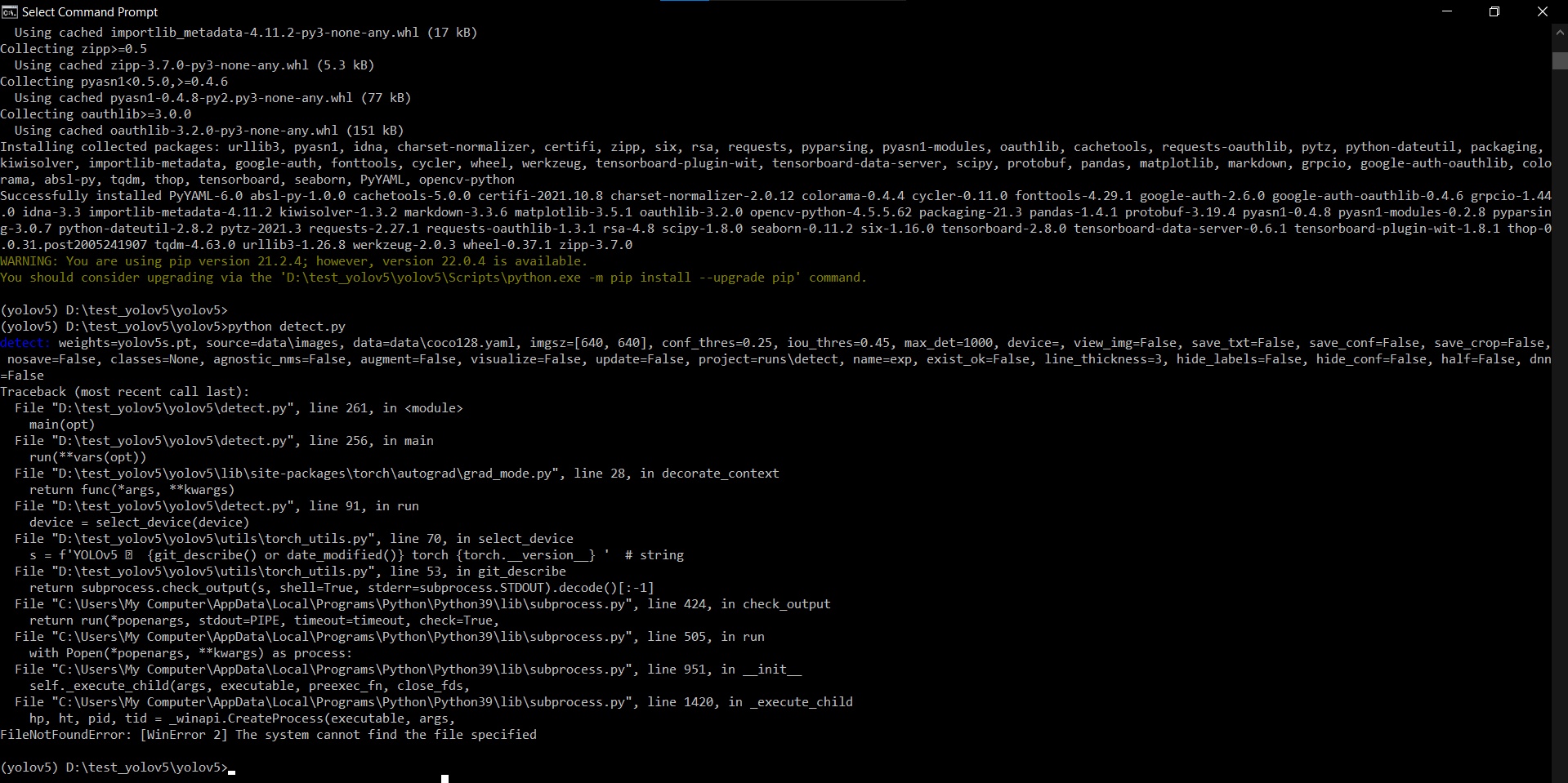 WinError 2 The system cannot find the file specified · Issue #6884 · ultralytics/yolov5 · GitHub