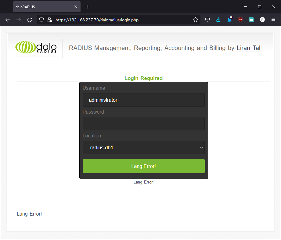 Login page showing Lang Error! since release 1.2 · Issue #210 · lirantal/daloradius · GitHub