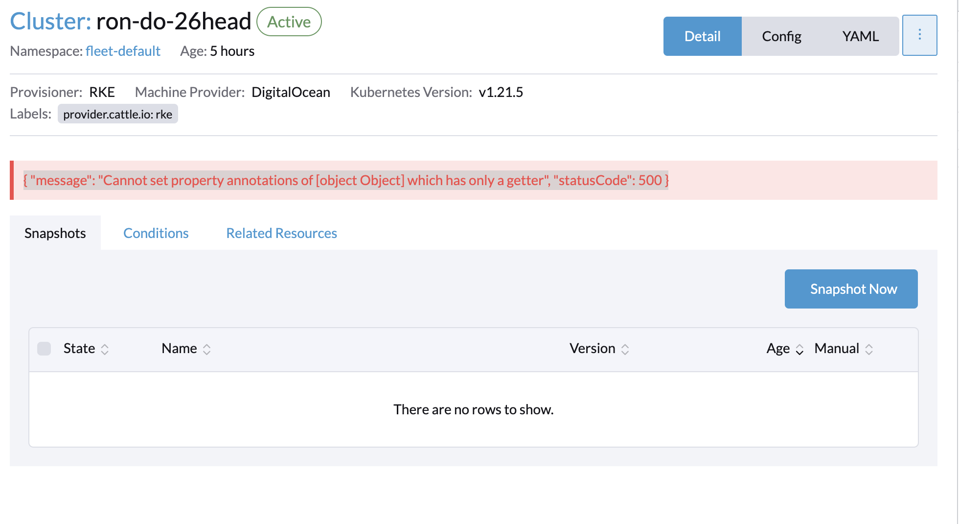Error on page when clicking through cluster name link - "Cannot set property annotations of ...