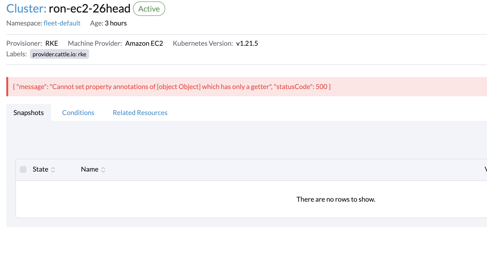 Error on page when clicking through cluster name link - "Cannot set property annotations of ...