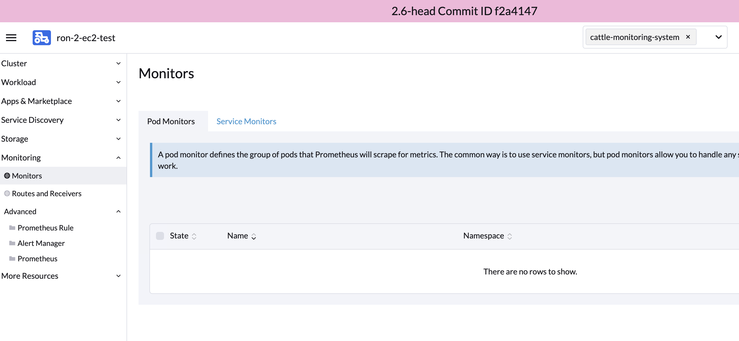 Monitoring in UI does not show menu items when cattle-monitoring-system selected in namespace ...