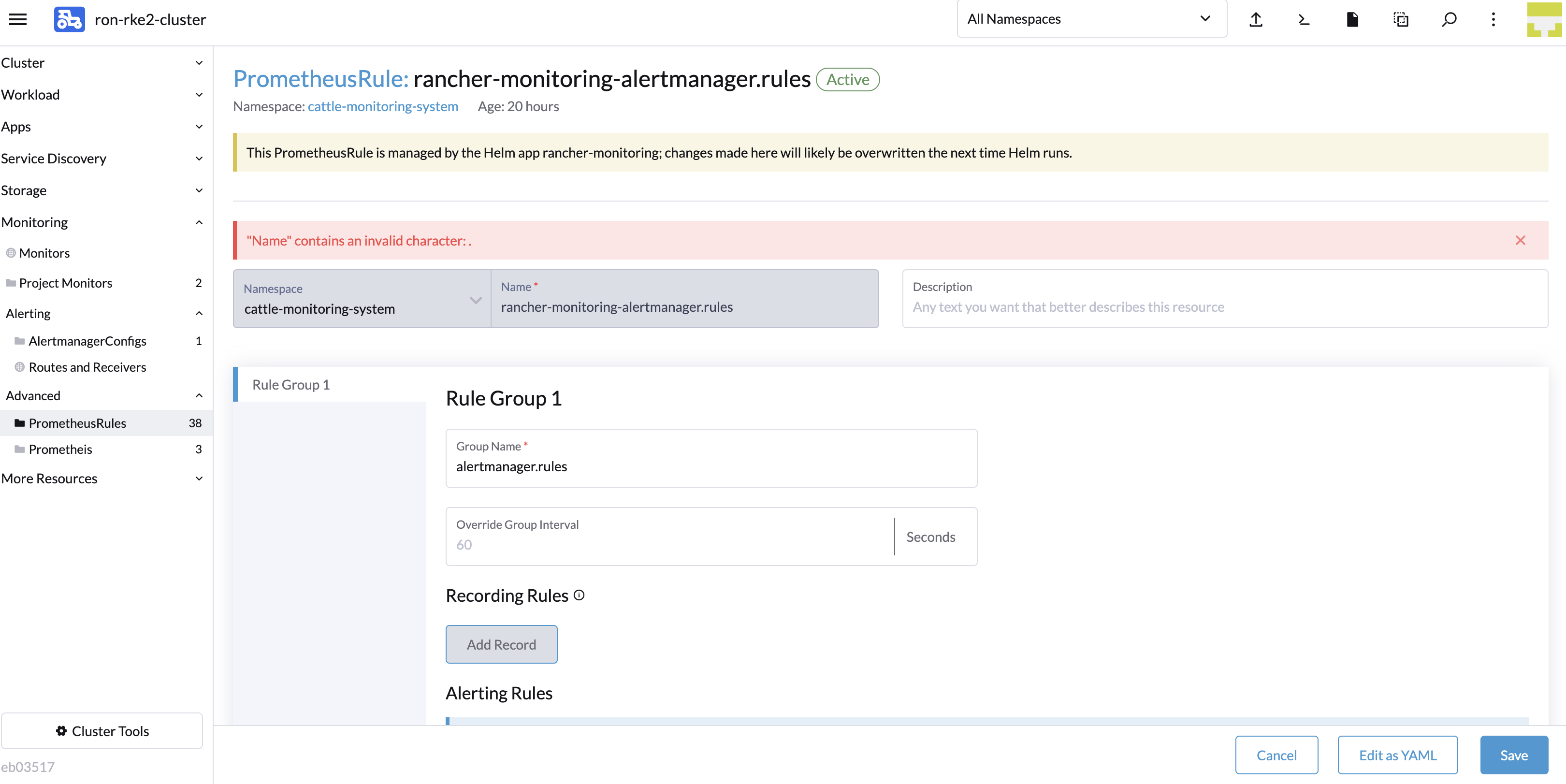 [project monitoring v2] editing prometheus rule throws an error when ...