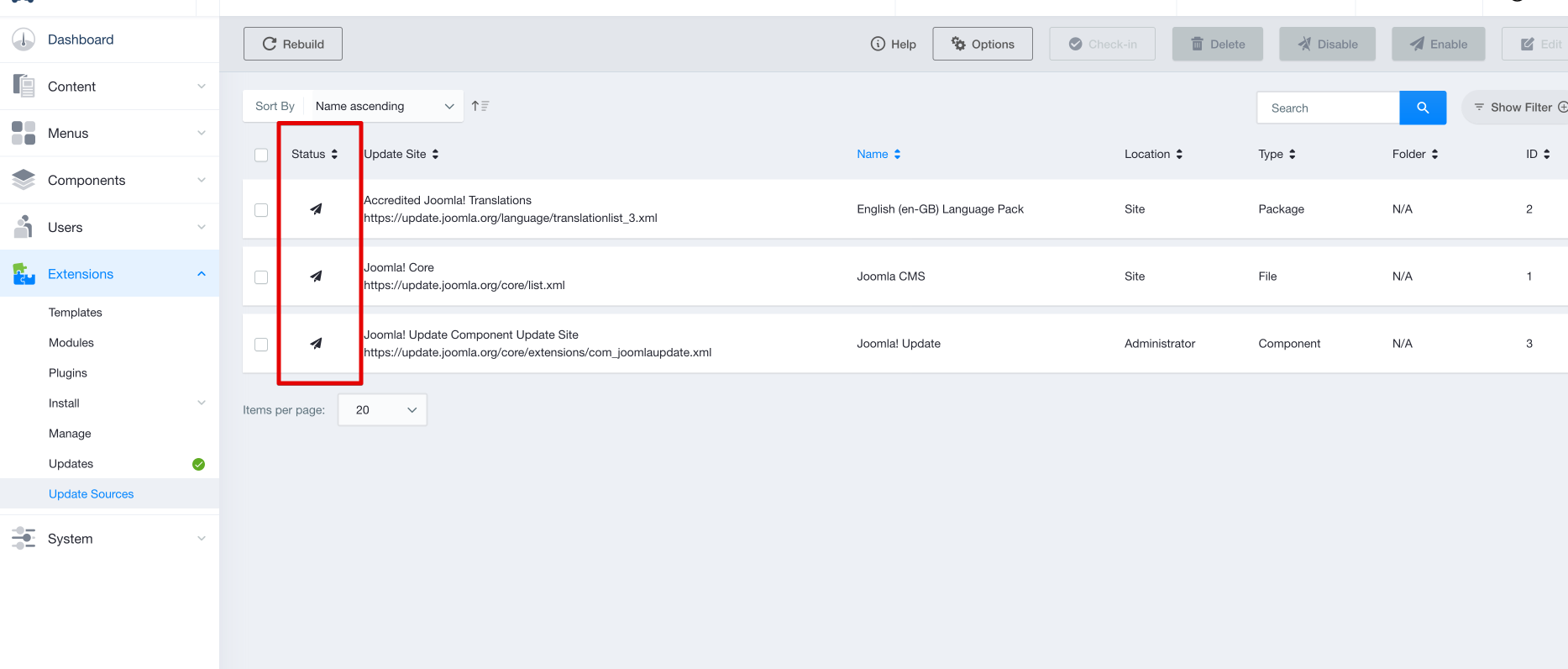 Inconsistent status column on extensions pages · Issue #95 · joomla-projects/j4adminui · GitHub