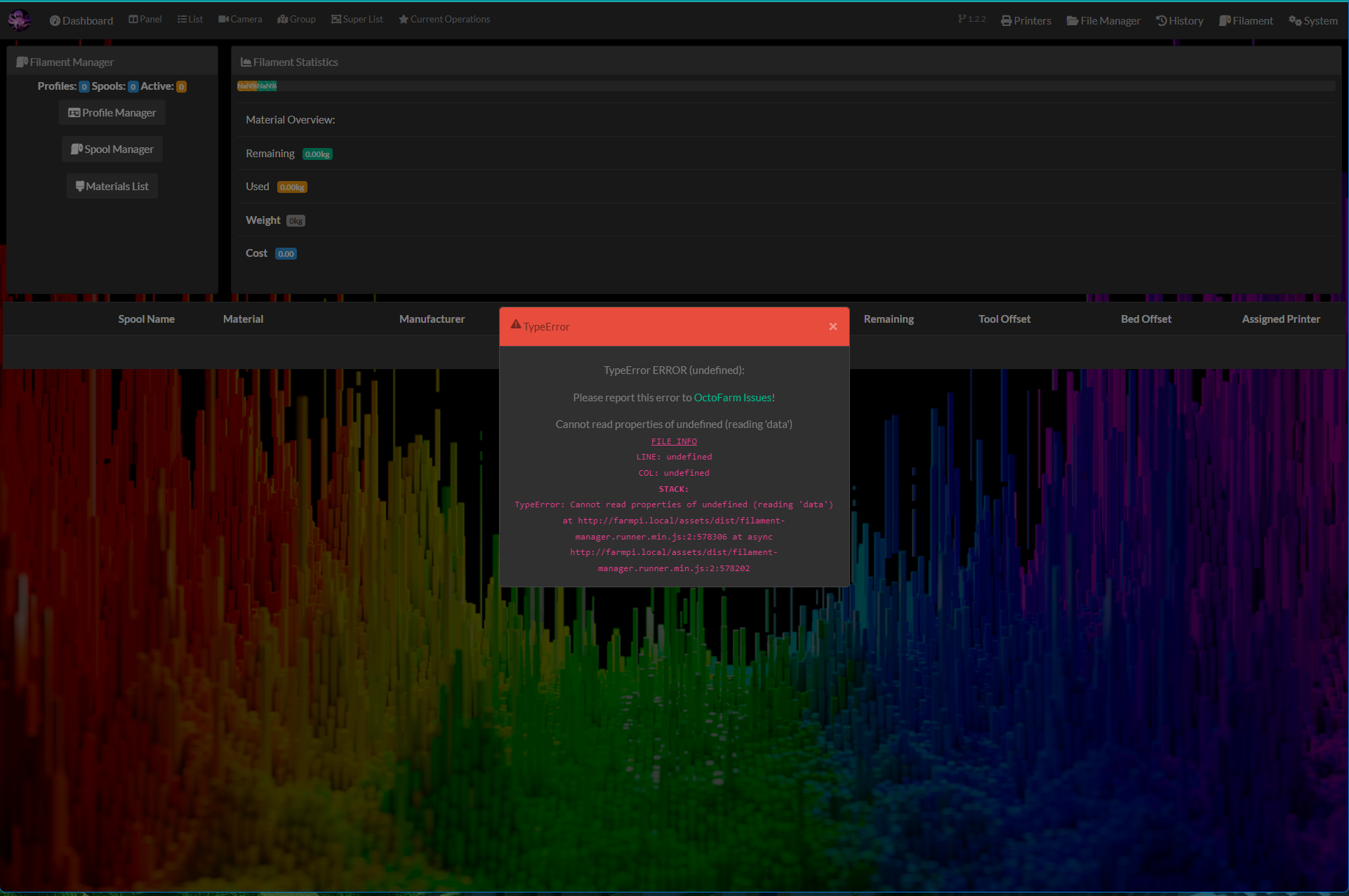 Filament Manager doesn't load on fresh installations · Issue #980 · OctoFarm/OctoFarm · GitHub