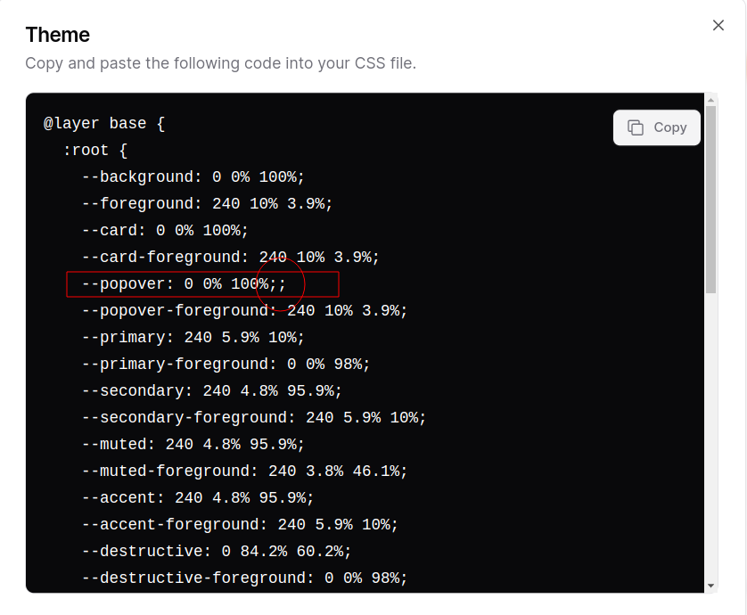 typo: double semicolon at the end of `popover` css variable in the zinc ... typo: double semicolon at the end of `popover` css variable in the zinc ...