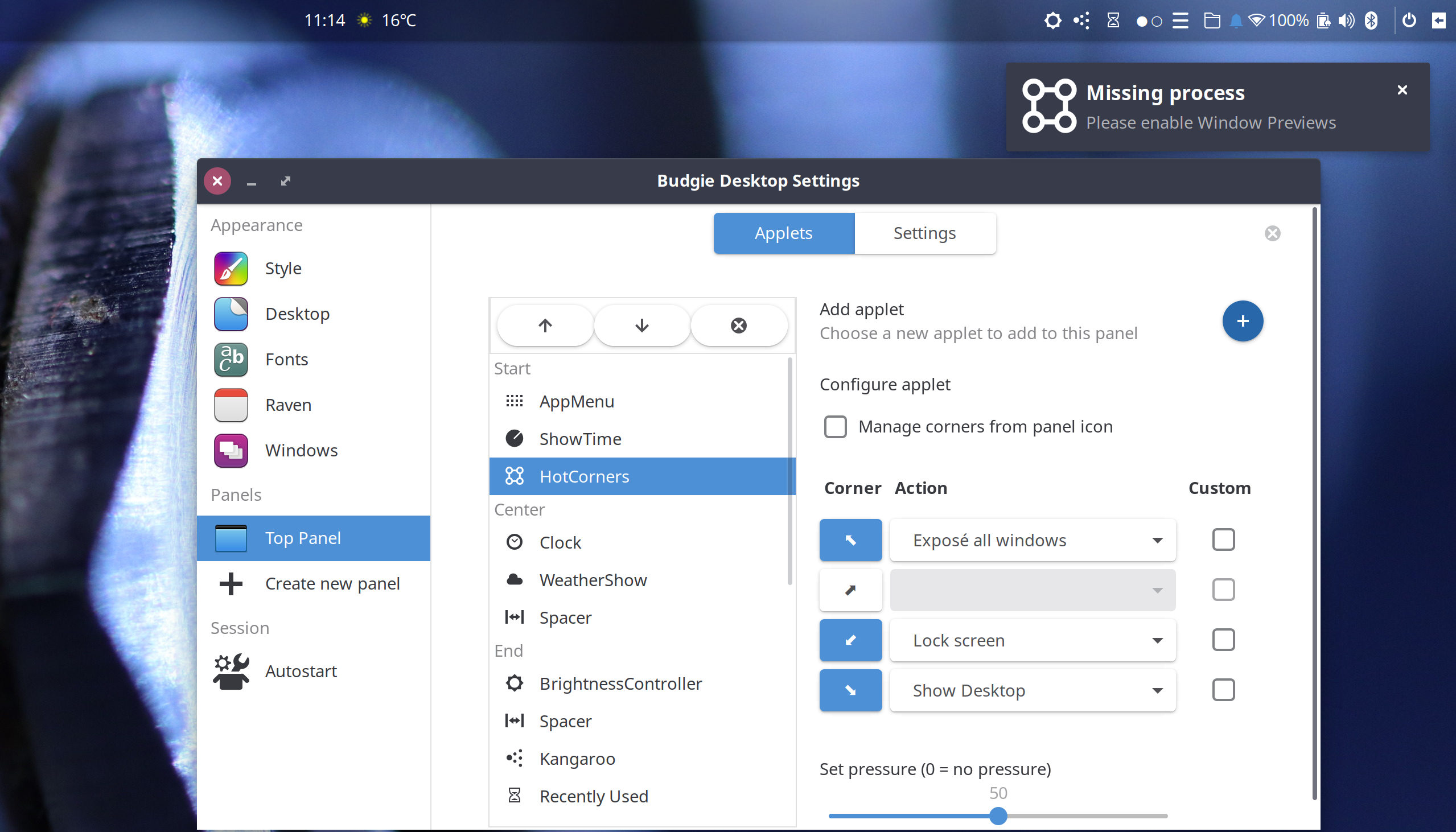 Budgie-extras 1.1.0 hotcorners shows false warning on setting previews ...