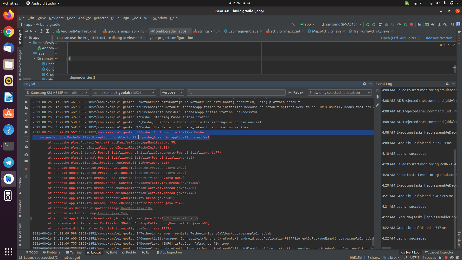 com.example1.geolab E/Pushe: Could not initialize Pushe co.pushe.plus.PusheManifestException ...