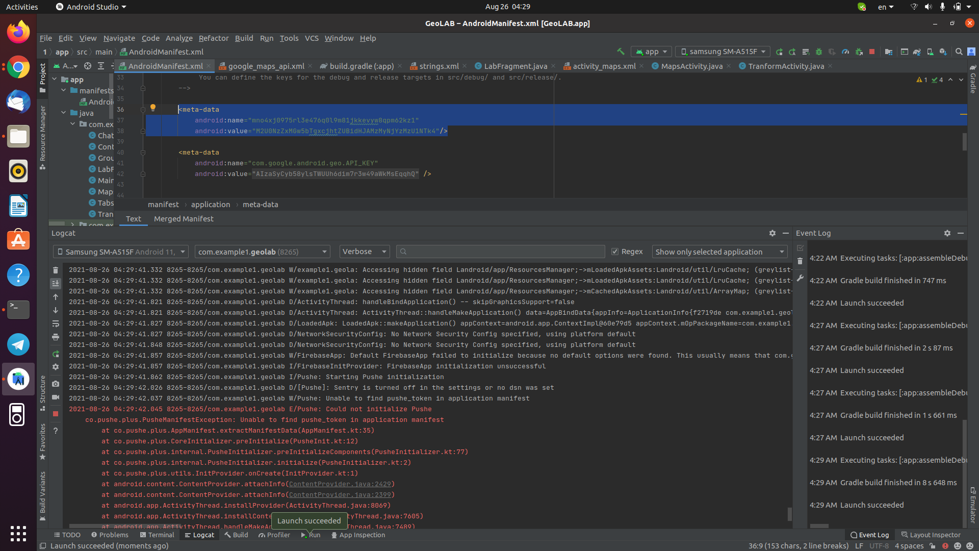 com.example1.geolab E/Pushe: Could not initialize Pushe co.pushe.plus.PusheManifestException ...