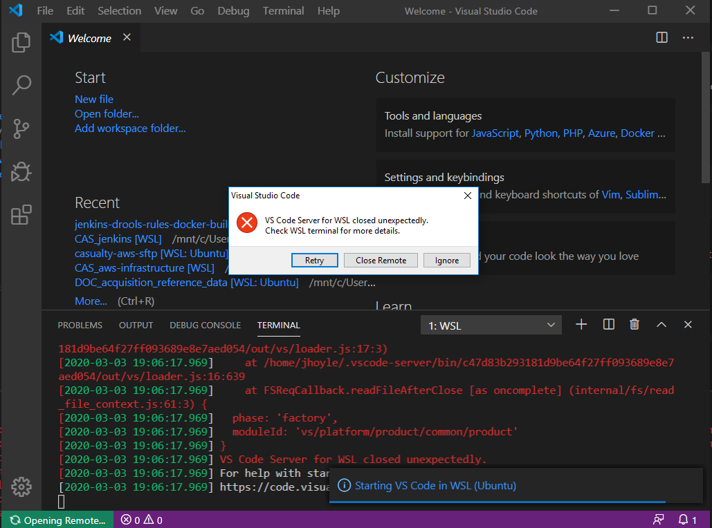 Error Cannot run WSL: Disconnected · Issue #91971 · microsoft/vscode · GitHub