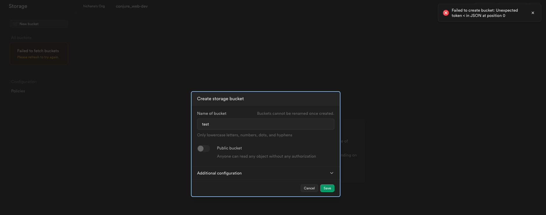 Storage Will Not Display Buckets In Supabase Ui Nor Can A Bucket Be Created · Issue 16185