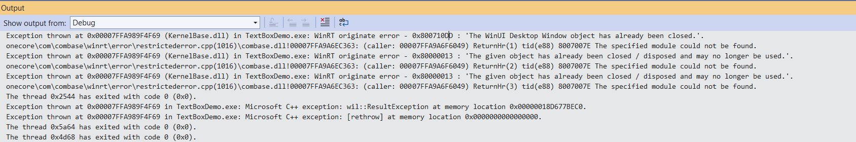 "The WinUI Desktop Window object has already been closed." exceptions ...