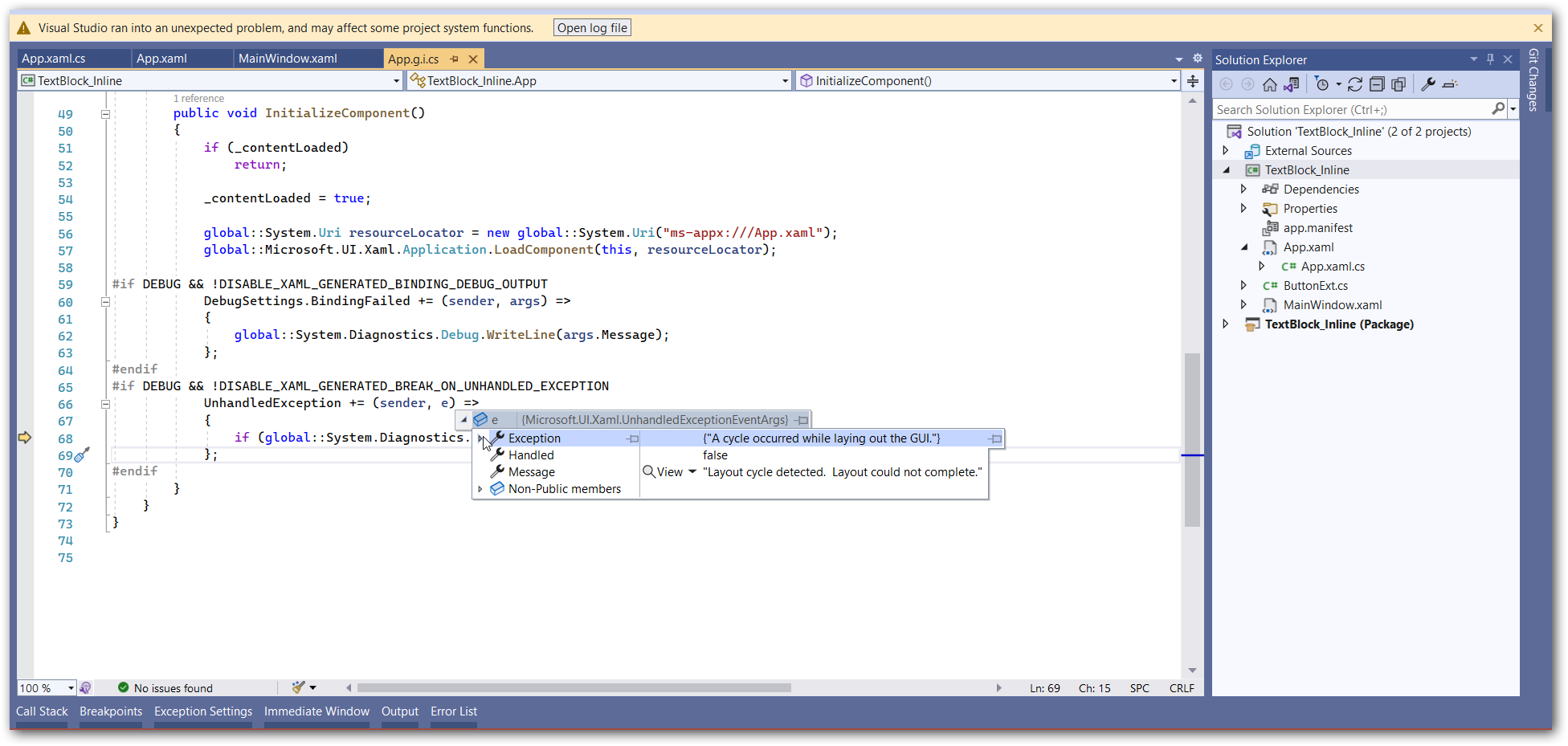 "A cycle occurred while laying out the GUI." Exception occurred while adding the Inlines to the ...