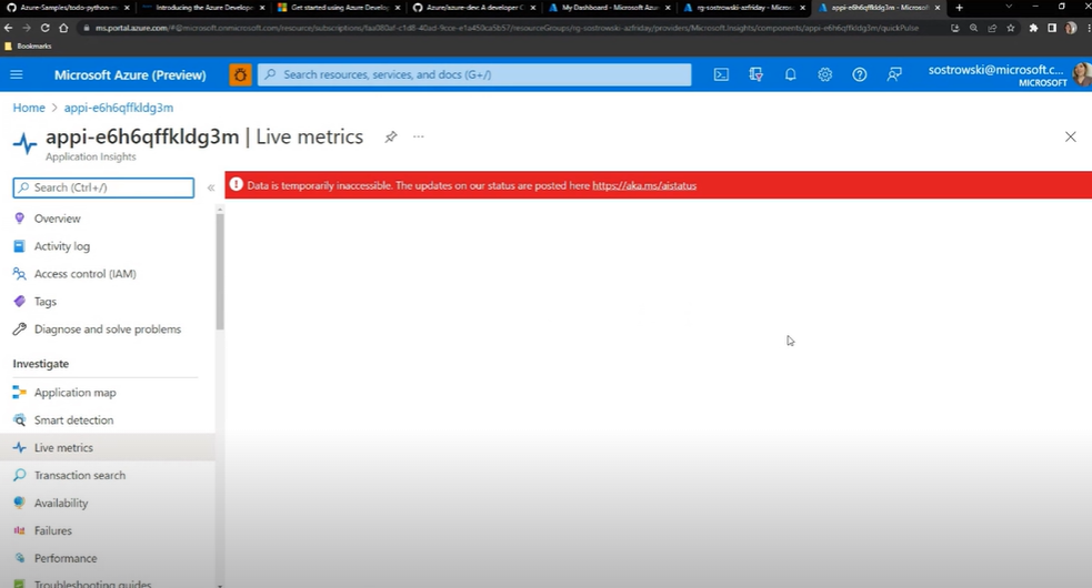 Issue Live Metrics Data Is Temporarily Inaccessible · Issue 492 · Azureazure Dev · Github