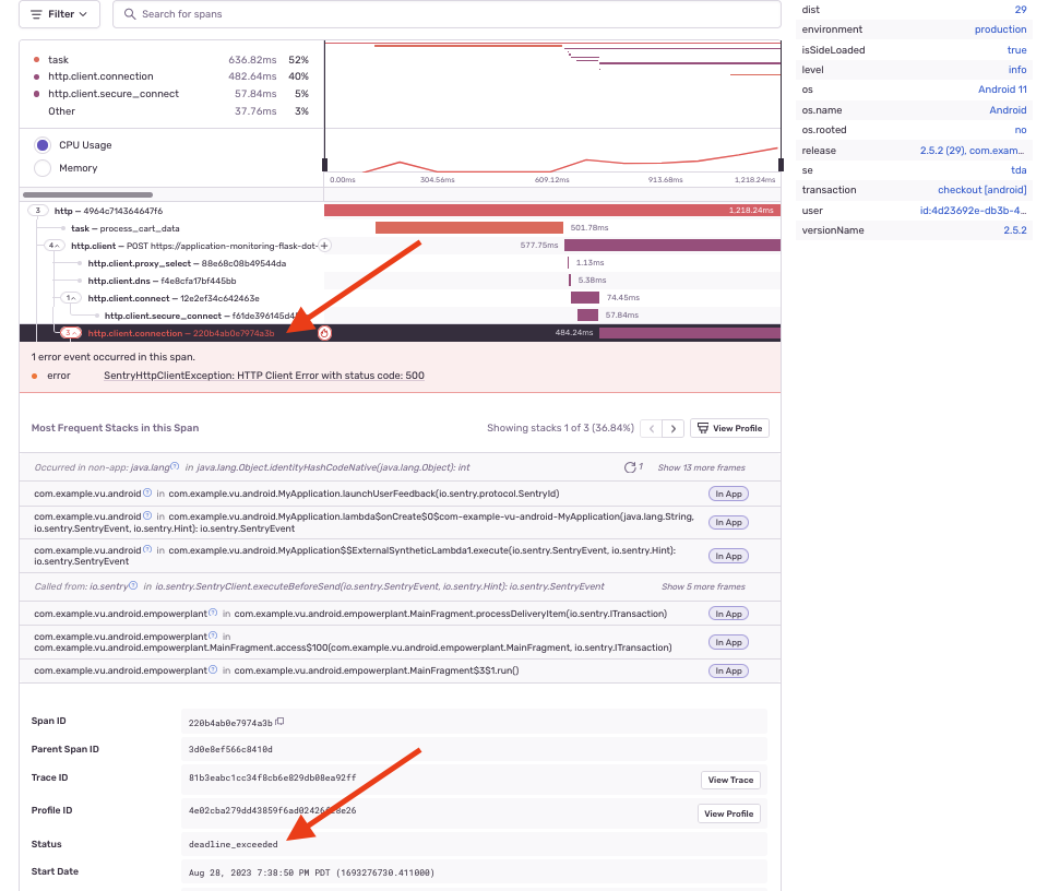 Checkout [android] Transaction Span Has Incorrectly Associated Sentryclientexception