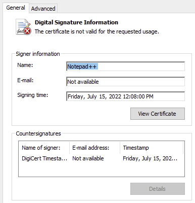 authenticode validation failure for the installer: "the certificate is not valid for the ...