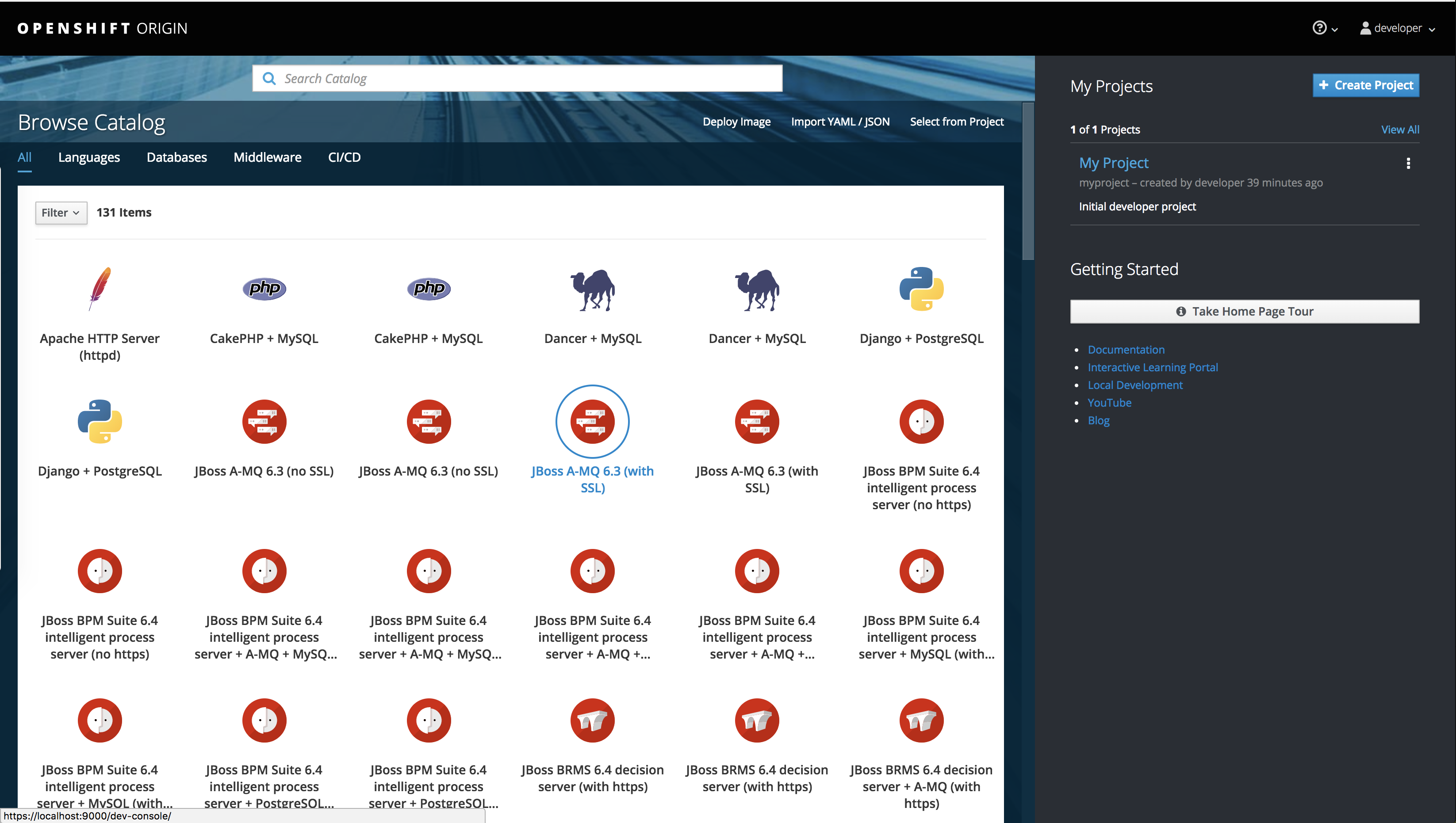 Project overview empty state Add to Project button links to catalog page, but other add options ...