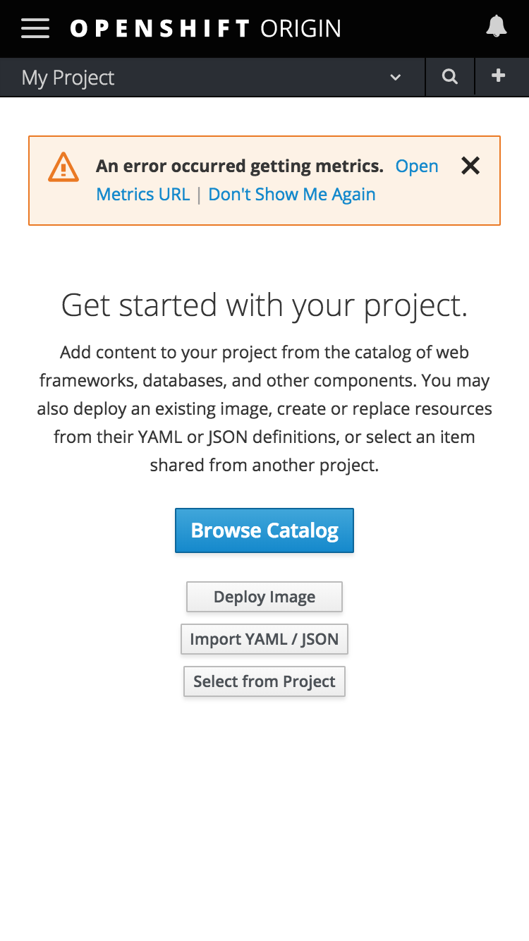 Project overview empty state Add to Project button links to catalog page, but other add options ...