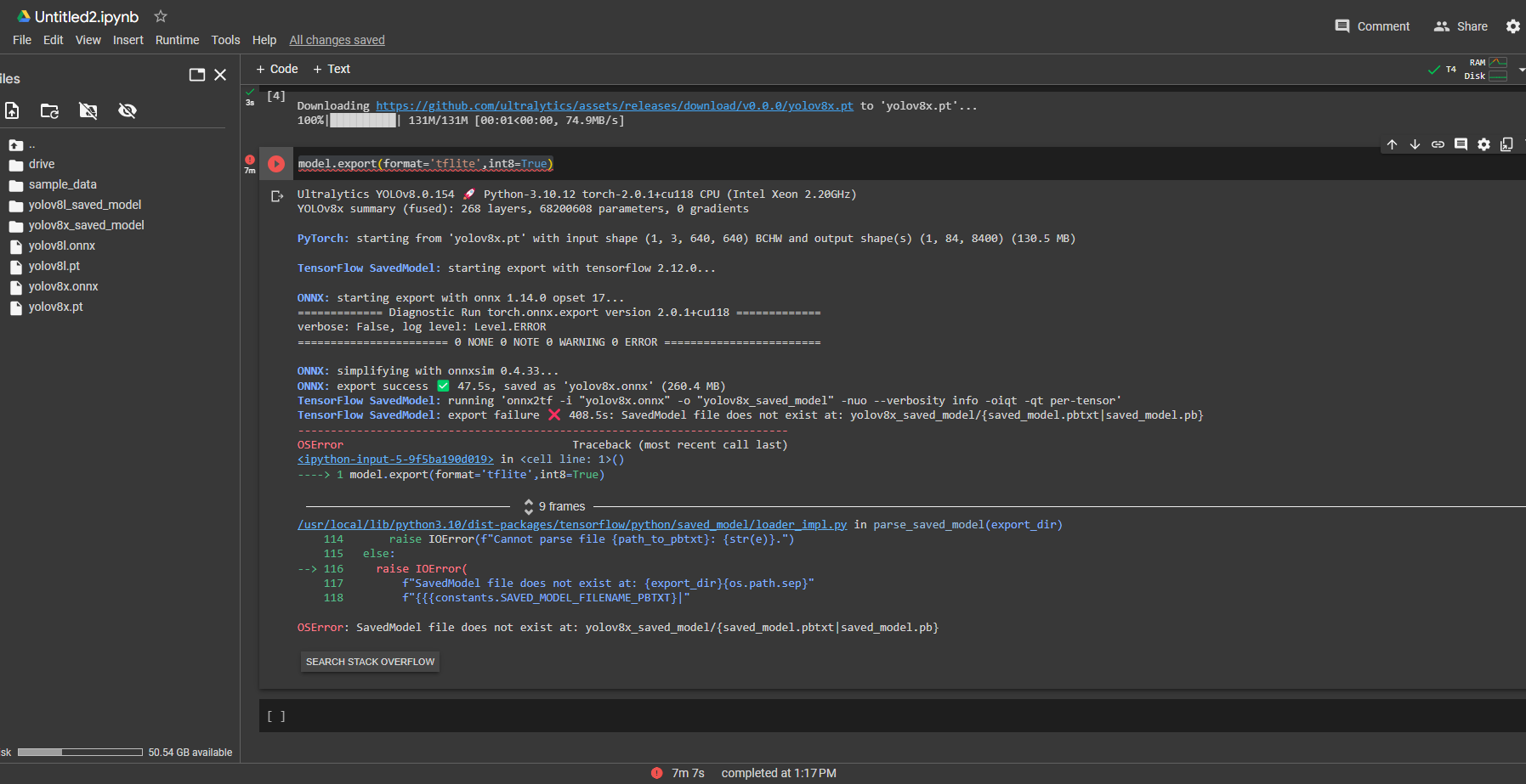 Error occured while converting yolov8x (mode - detect) to tflite model with int8 quantization ...