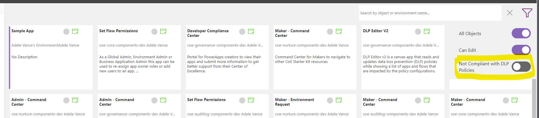 [CoE Starter Kit - BUG] Developer Compliance Center - DLP filter for apps does not work · Issue ...