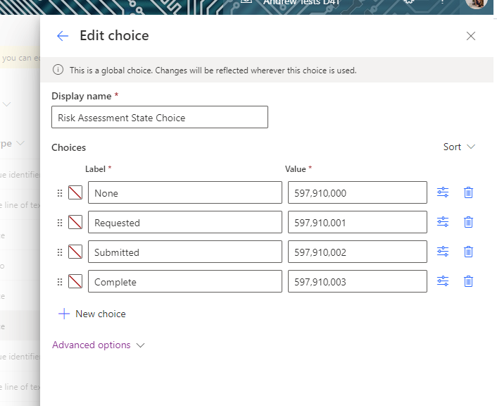Integer values associated to choice values for admin_adminriskassessmentstate column in PowerApp ...