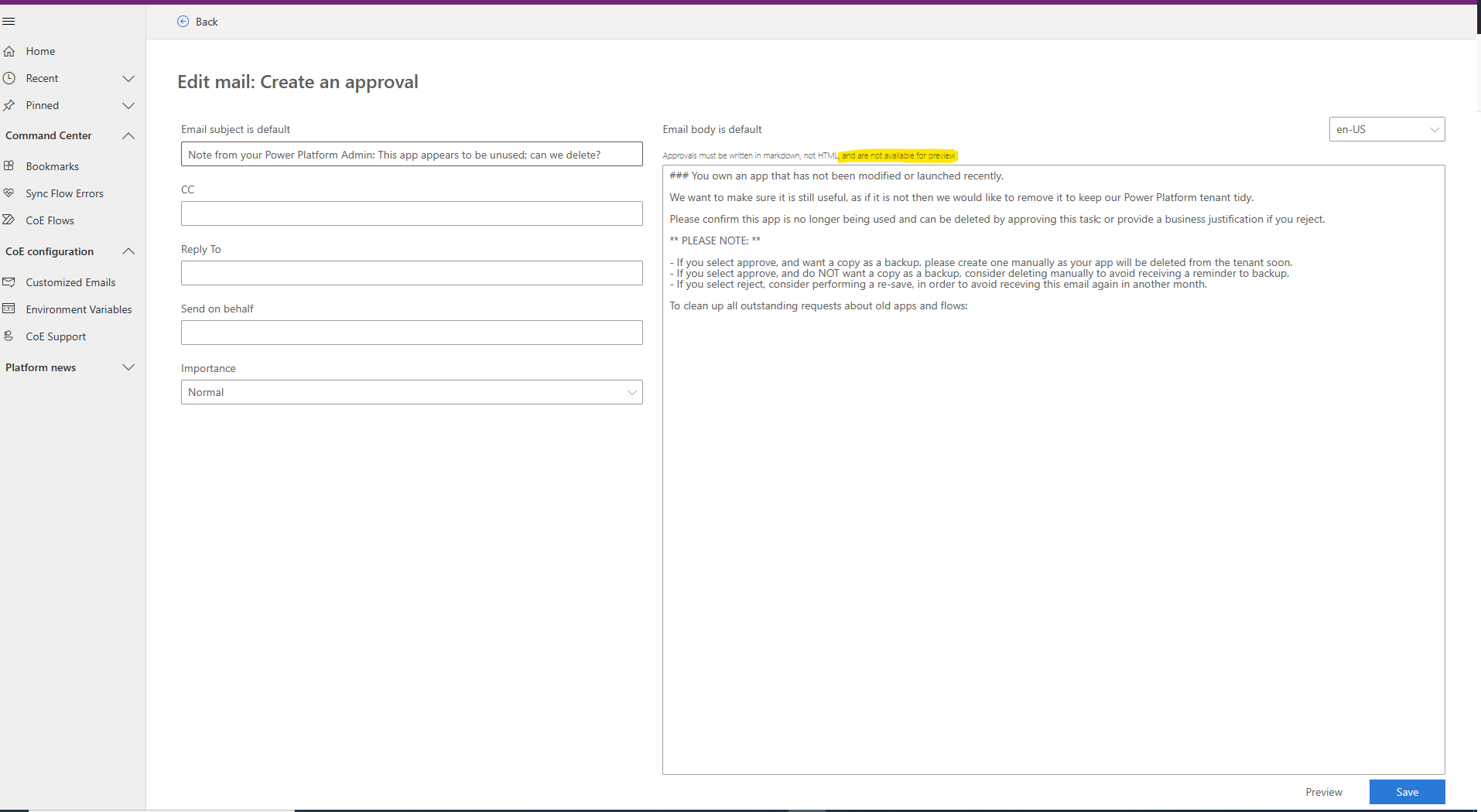 [CoE Starter Kit - BUG] Preview email does not send a formatted email in the Inactivity ...