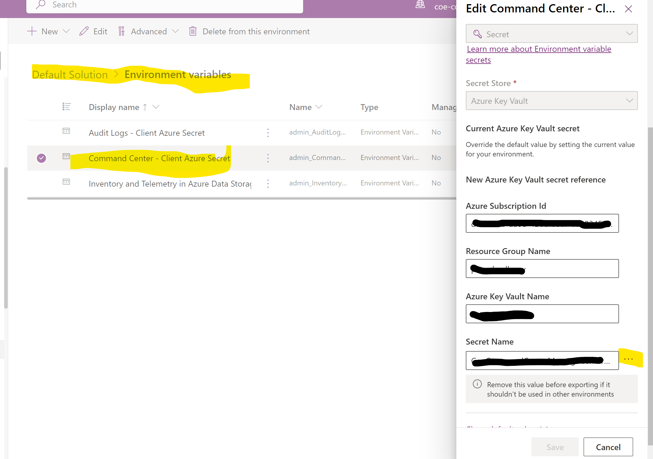 [CoE Starter Kit - QUESTION] Removing Command Center - Client Azure Secret Env Variable value ...