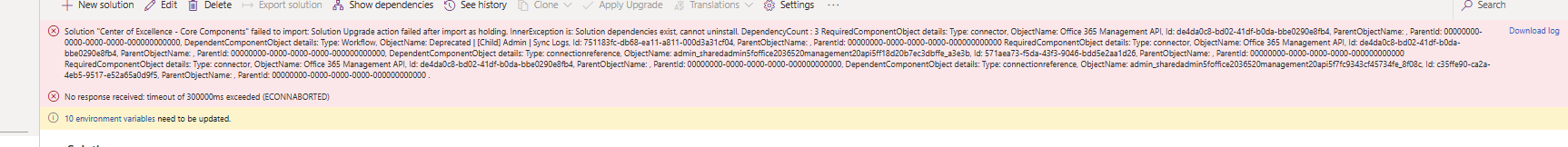 [CoE Starter Kit - BUG] Upgrade failure due to "Solution dependencies exist, cannot uninstall ...