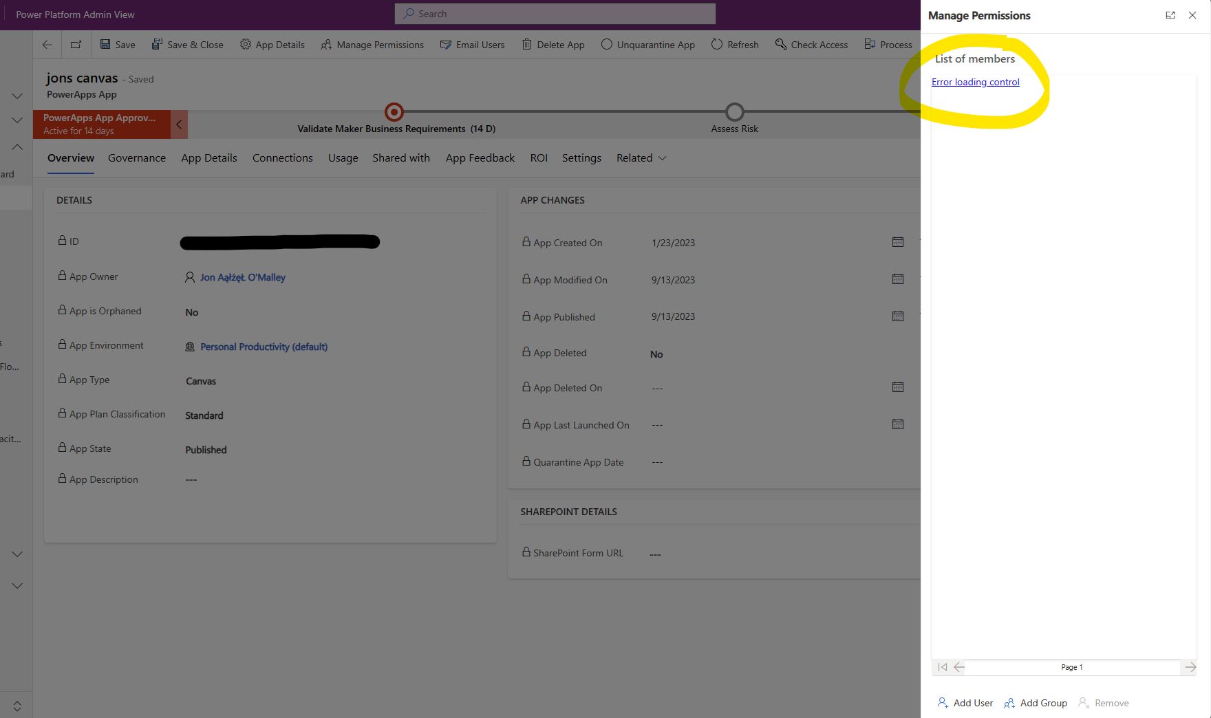 [CoE Starter Kit - BUG] PPAdmin View User Management Apps - Error loading control when a user no ...