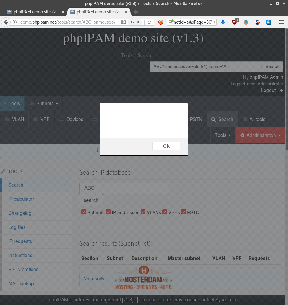 XSS in search bar · Issue #1402 · phpipam/phpipam · GitHub
